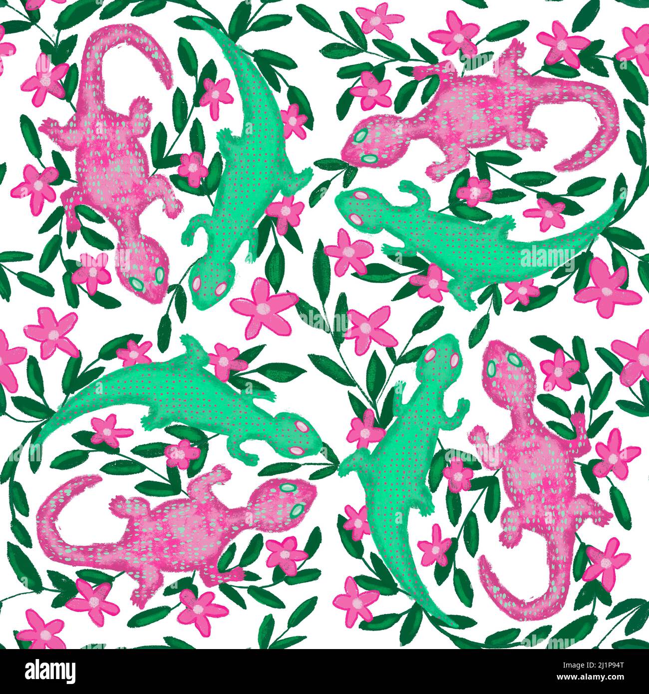 Hand drawn seamless pattern with green and pink rose gecko lizard ...