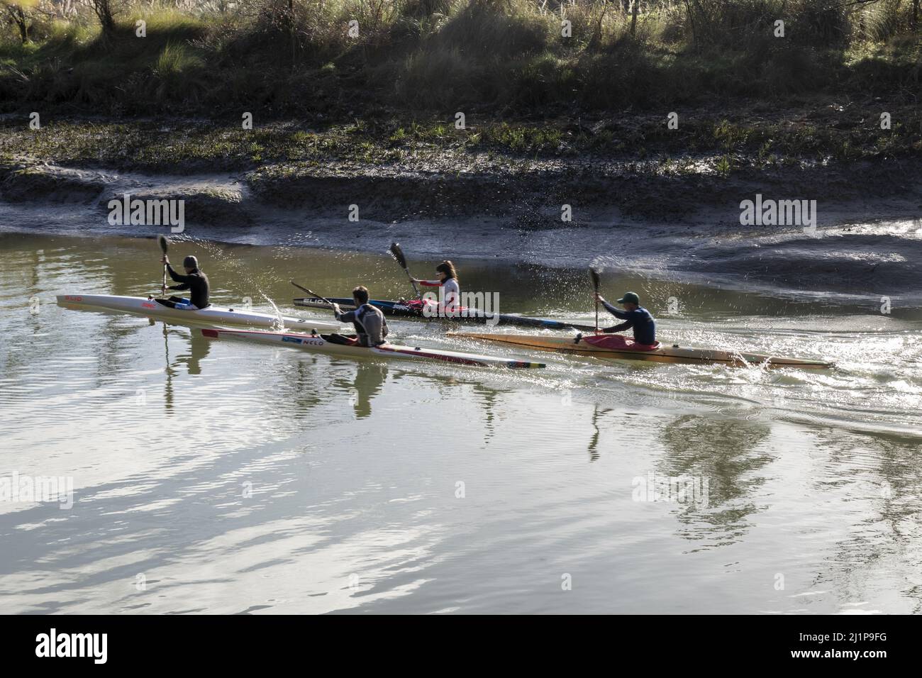 A group of people rowing a canoe on the river in Plentzia, Spain Stock ...