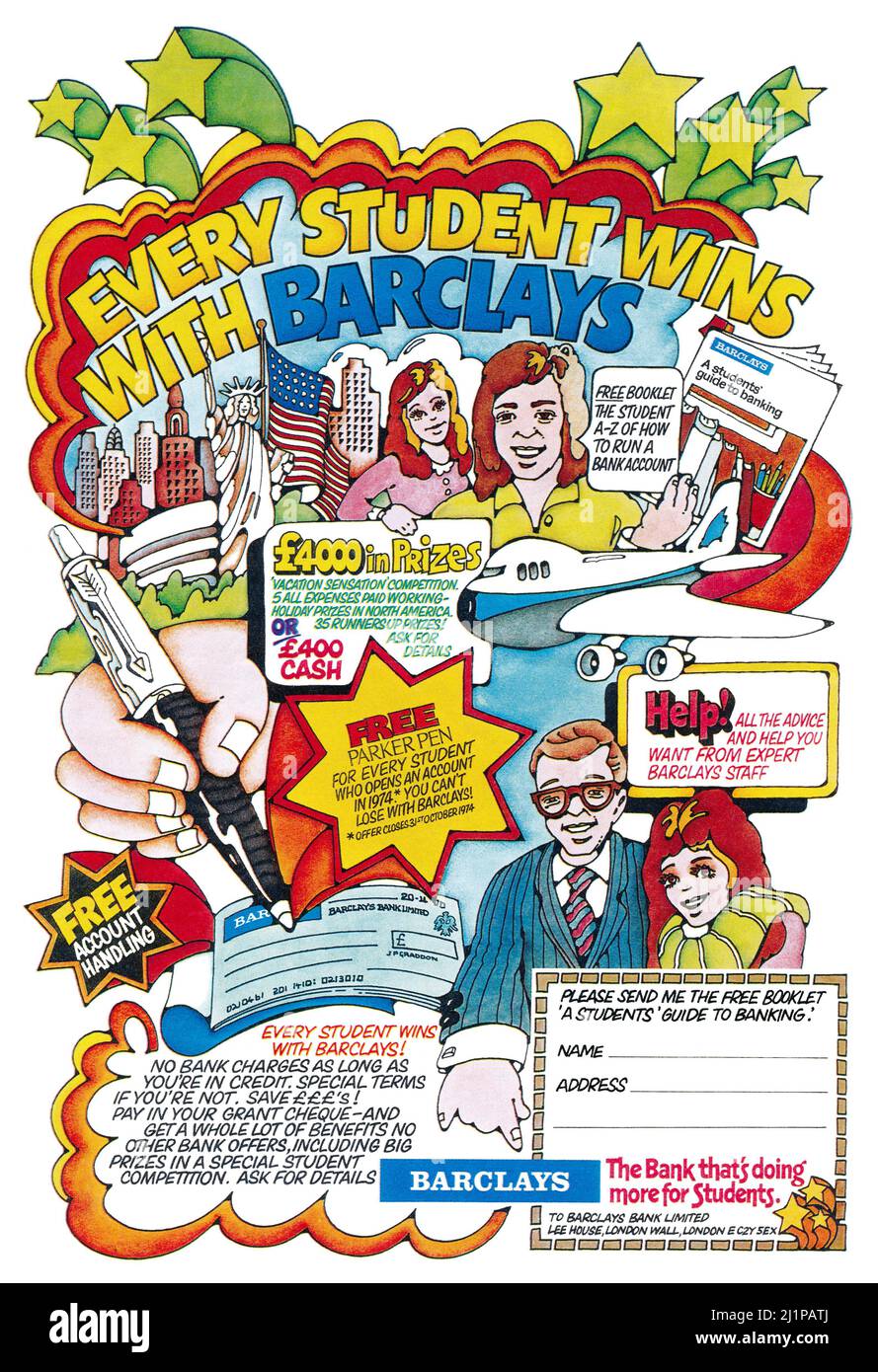 1974 British advertisement for Barclays student bank account Stock ...