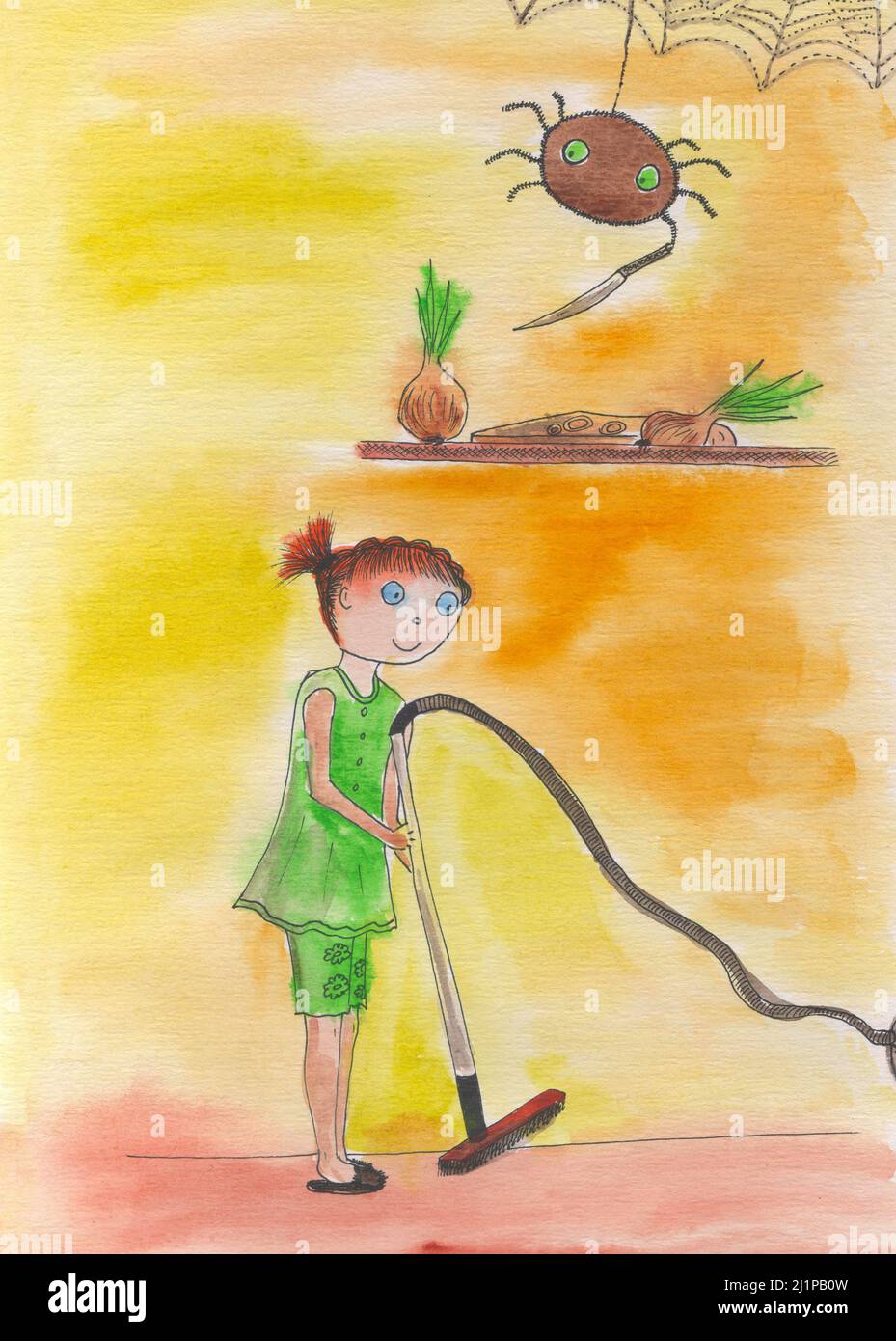 Housewife and spider. Cute girl cooking in the kitchen. Funny cartoon ...