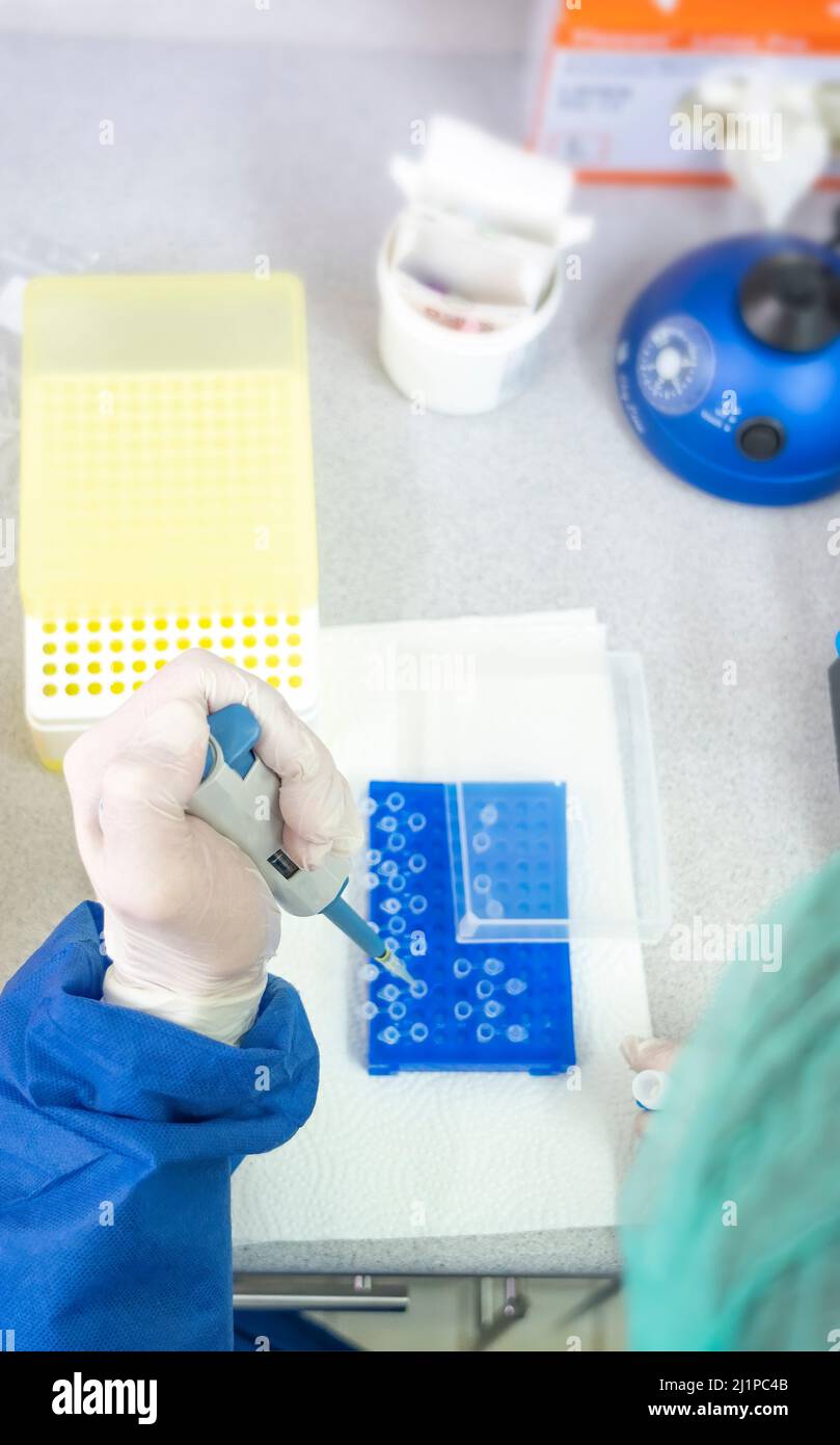 Medical lab scientists in laboratory using Air displacement micro ...