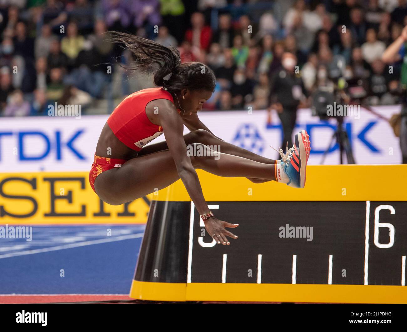 Fátima Diame ESP competing in the women’s long jump on Day Three of the ...