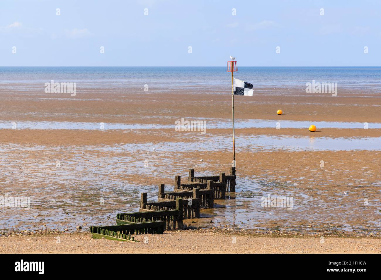 Wooden groyne with black and white flag on a deserted beach at low tide ...