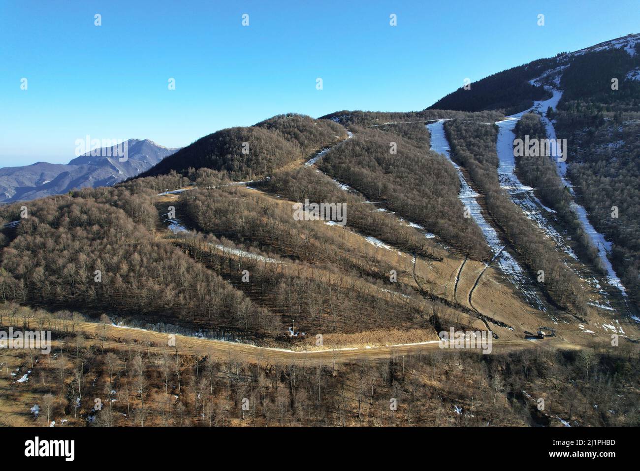 Ski resort closed due to hot winter and poor snow cover. Garessio Italy ...