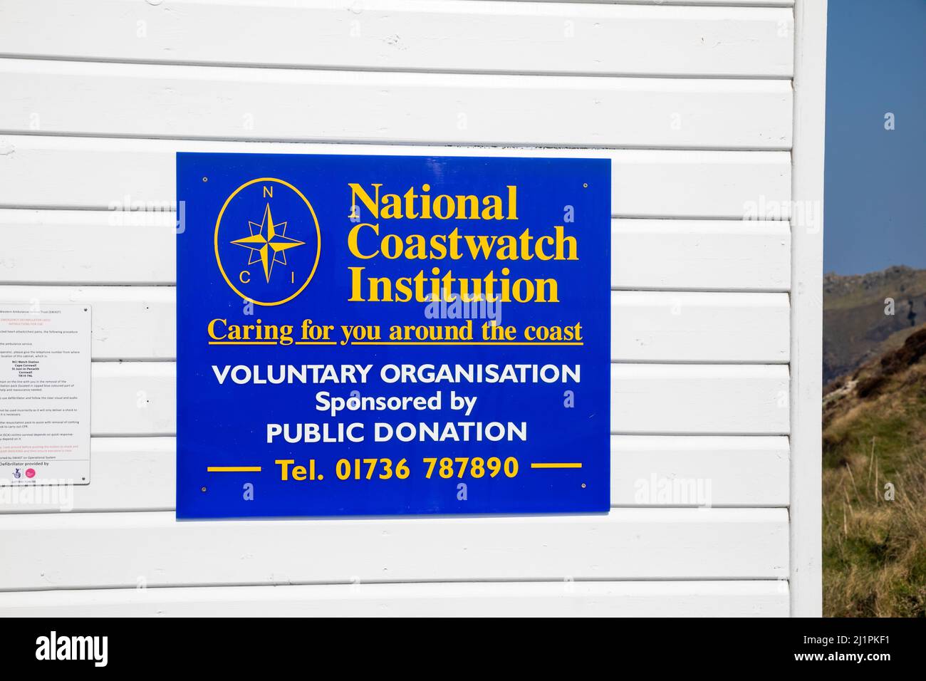 National Coastwatch institution sign in Cape Cornwall, Cornwall,UK ...