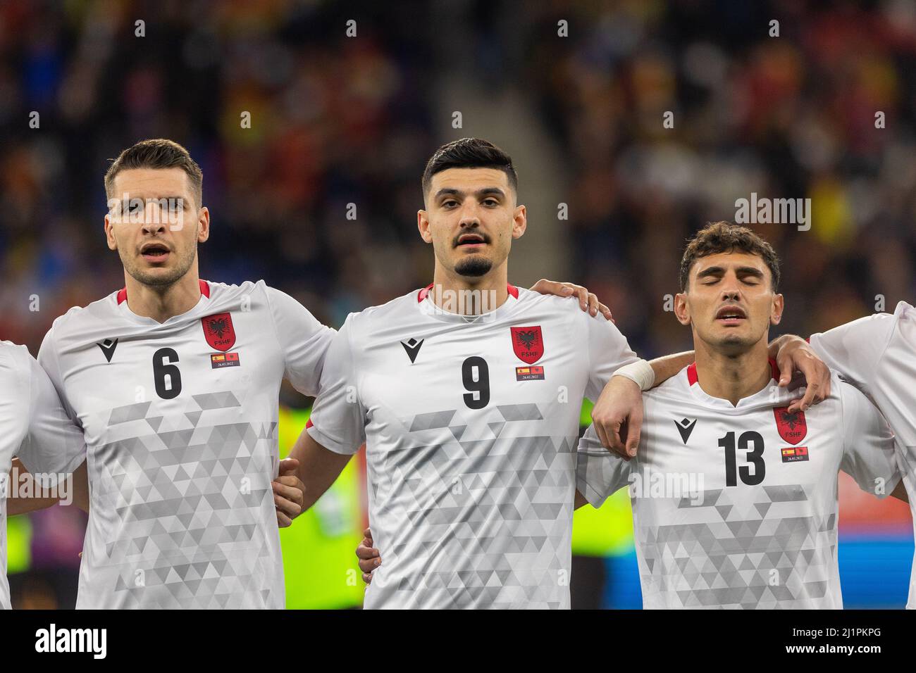 Berat Djimshiti of Albania, Armando Broja of Albania and Qazim Laci of ...
