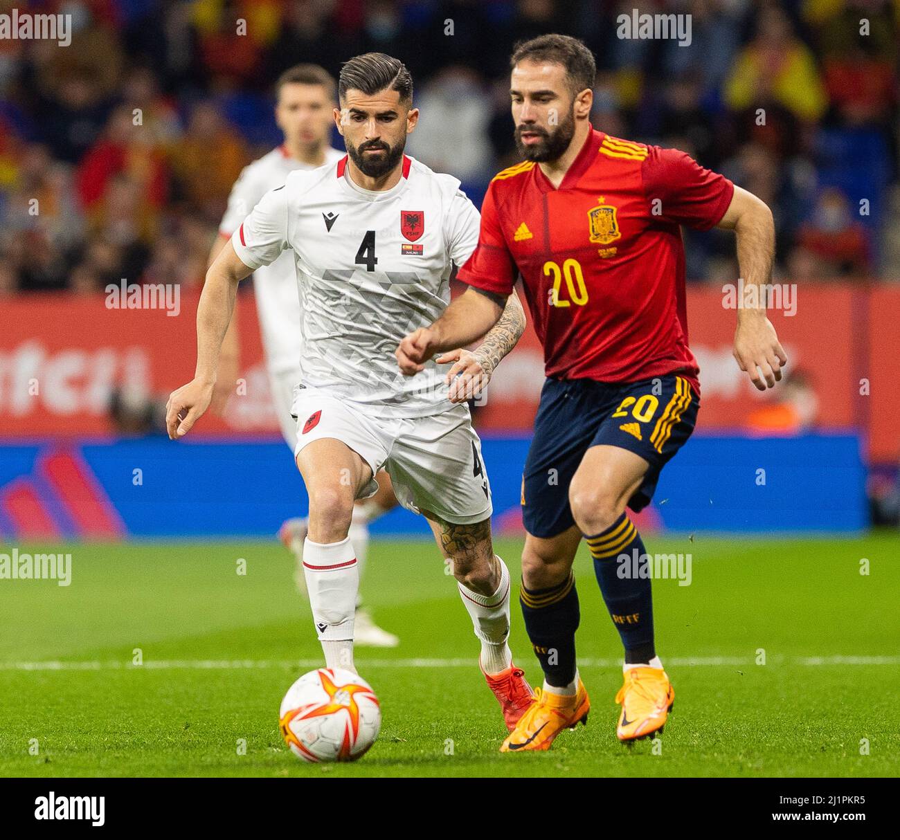Elseid Hysaj of Albania and Daniel Carvajal of Spain during the ...