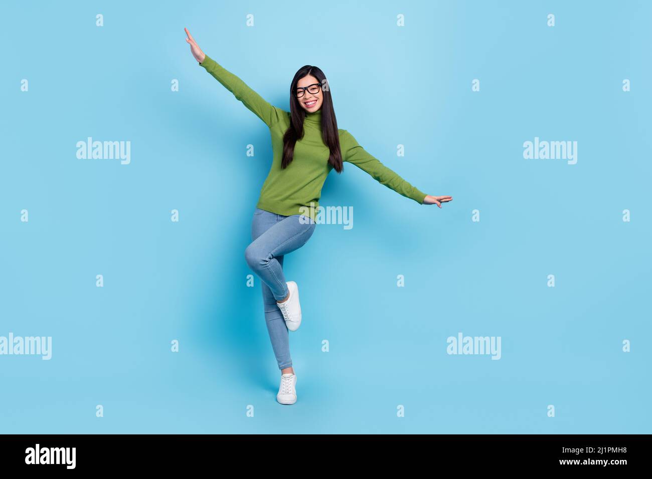 Full length body size view of attractive cheerful funky girl dancing ...