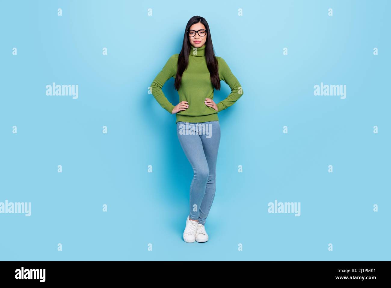 Full length body size view of attractive smart clever girl nerd hands ...