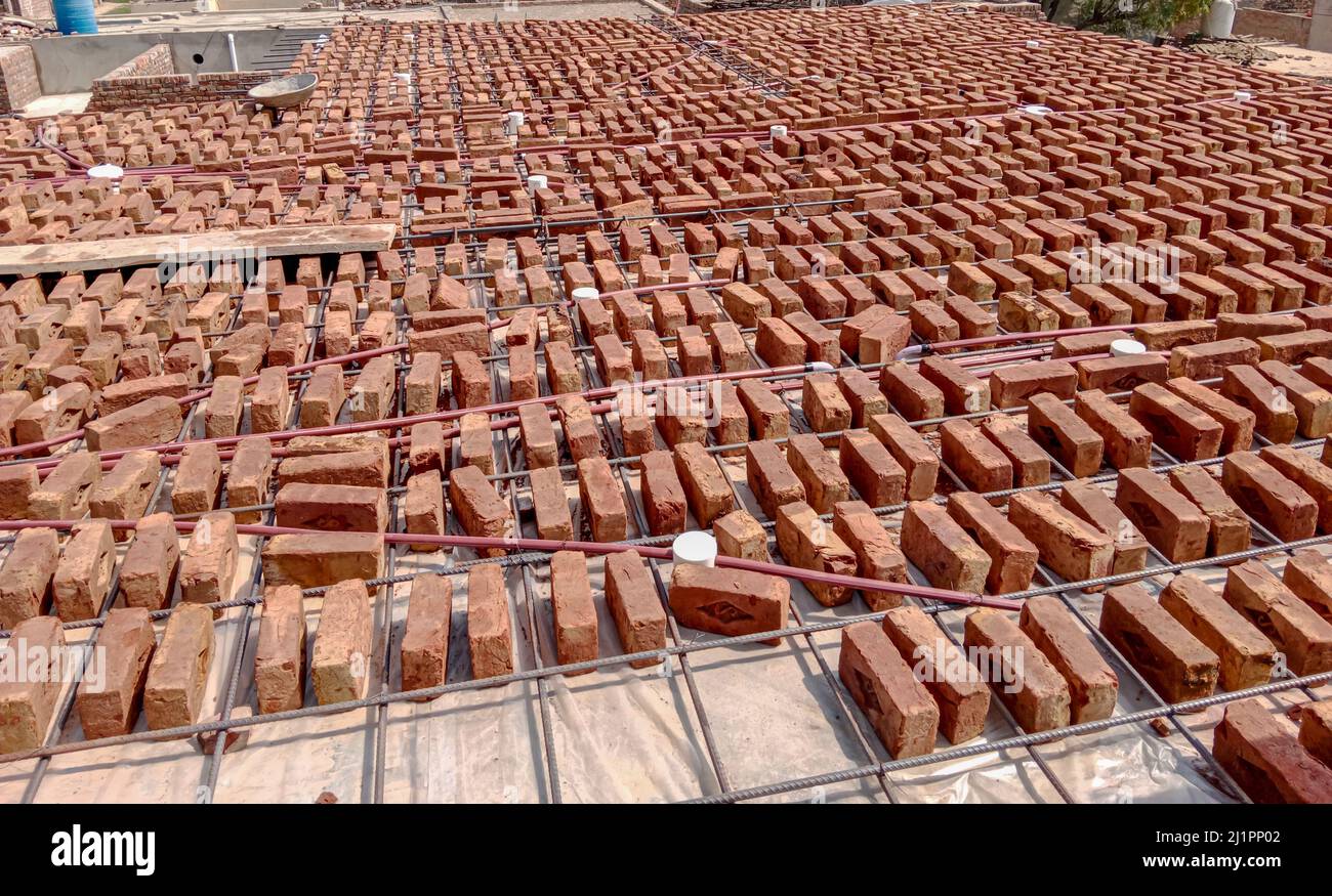 home roof under construction with iron bar frame reinforcement ...