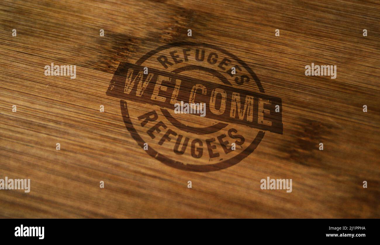 Refugees Welcome stamp printed on wooden box. Migration and ...