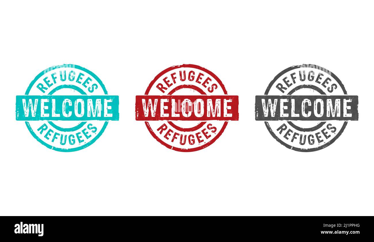 Refugees Welcome stamp icons in few color versions. Migration and ...