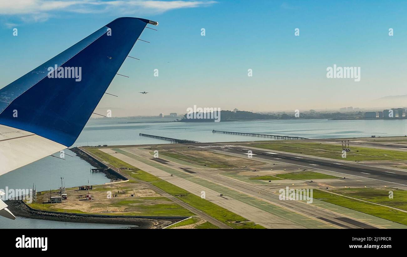 An aerial view of the landscape from a plane landing in San Francisco ...