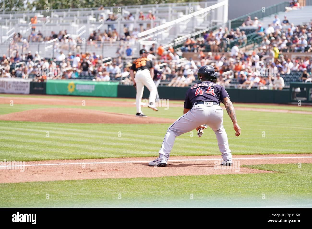 Cleveland Guardians first baseman Bobby Bradley (44) leads off 3rd base ...