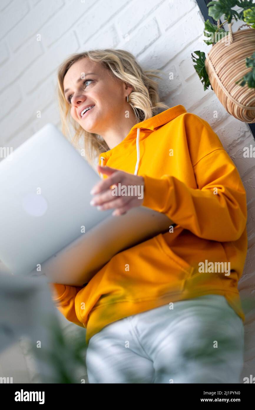 Happy woman girl Using computer laptop working office work remotely ...