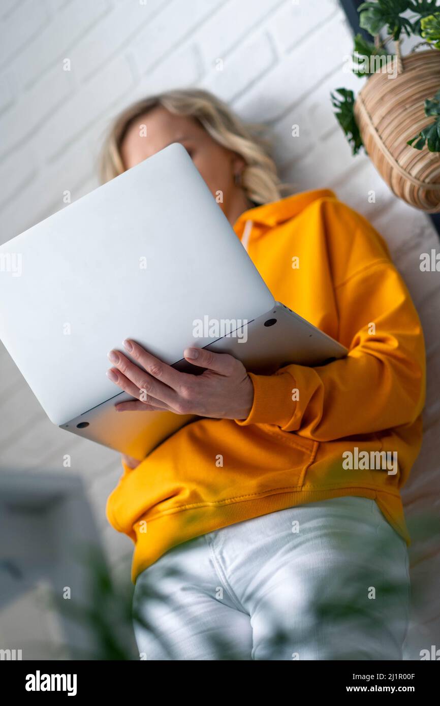 Happy woman girl Using computer laptop working office work remotely ...