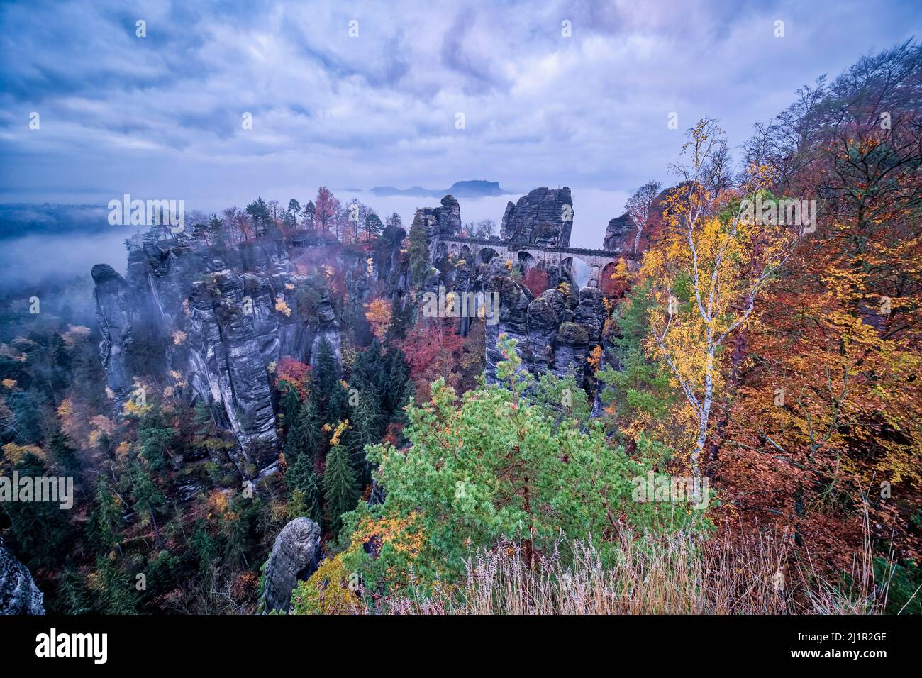 Landscape with the rock formations Felsenburg Neurathen and Bastei ...