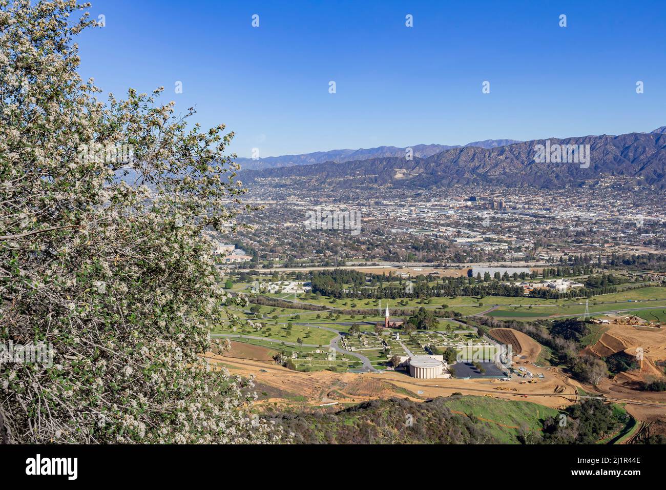 Aerial view of Burbank cityscape, from Hollywood sign trail, California ...