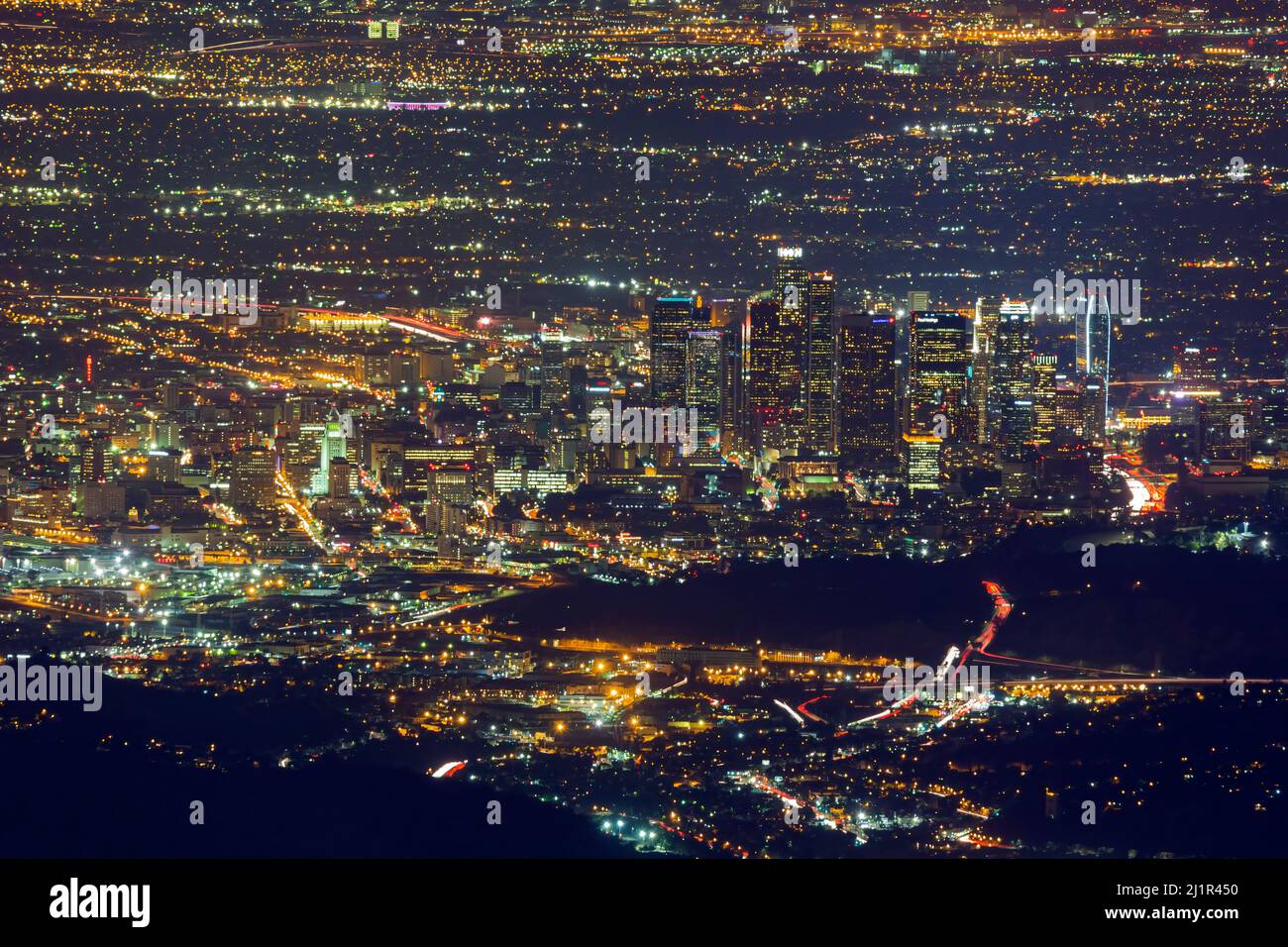 Night aerial view of Los Angeles downtown cityscape at California Stock ...