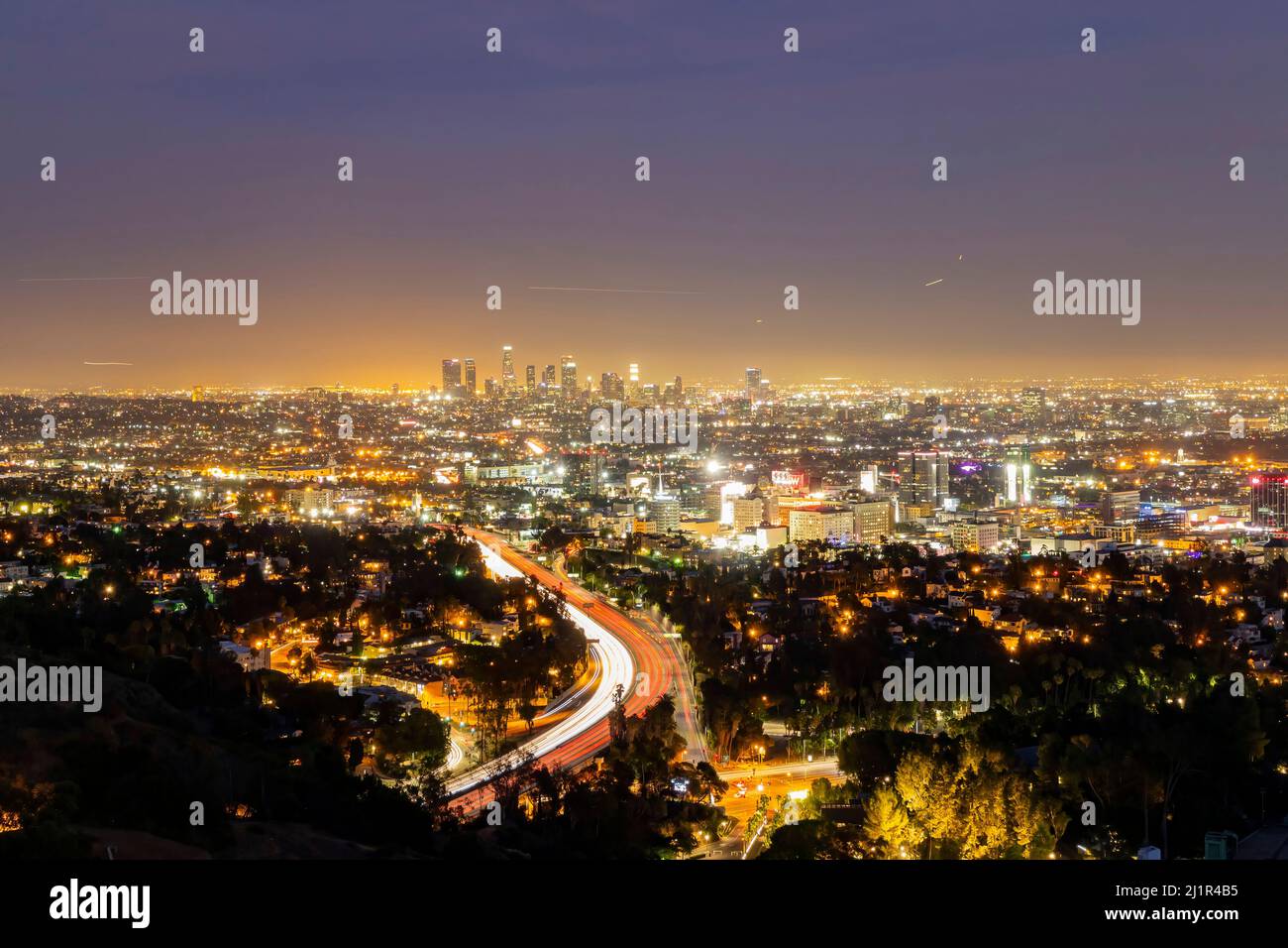 Night high angle view of the Los Angeles cityscape from hollywood bowl ...