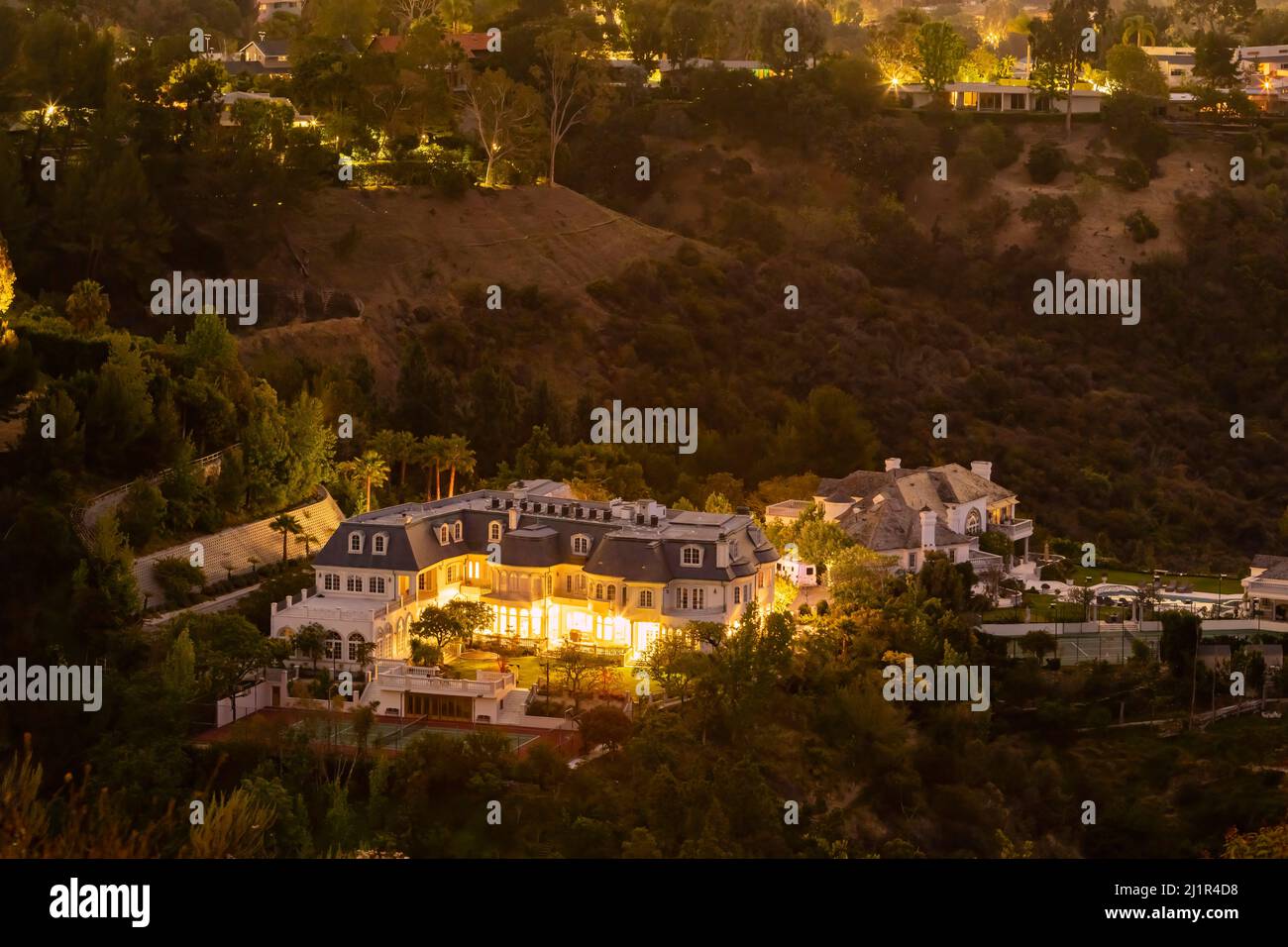 Twilight view of a beautiful mansion from Getty View Park at California ...