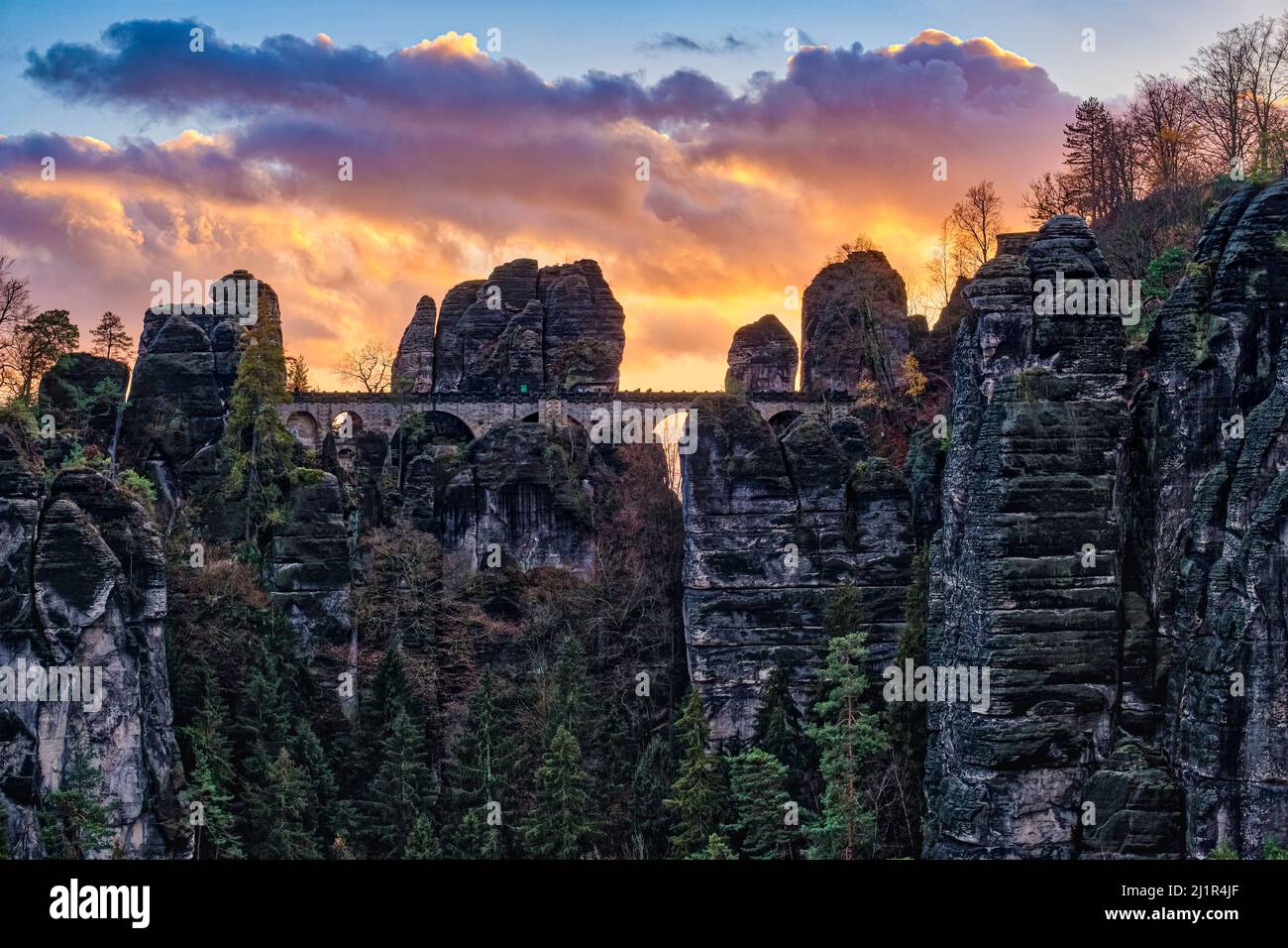 Landscape with the rock formation Bastei in Rathen area of the Saxon ...