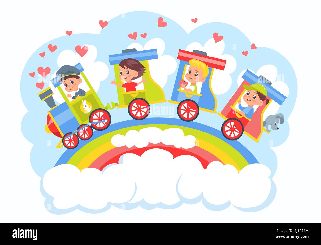 Kids train. Boys and girls ride in colored trailers on rainbow ...