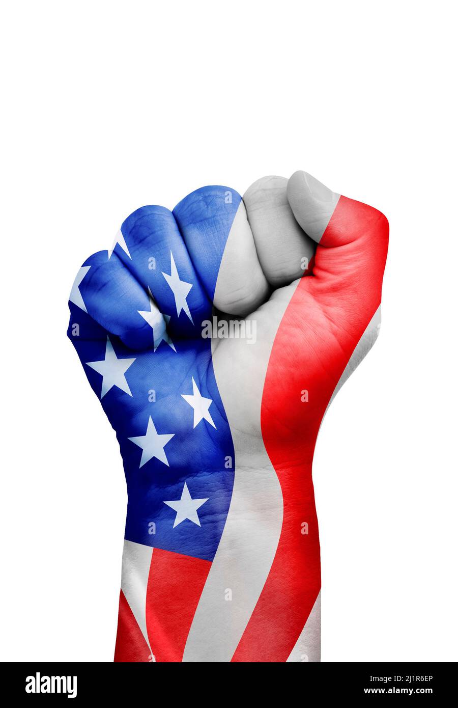 Fist painted in colors of American flag. Isolated on a white background ...