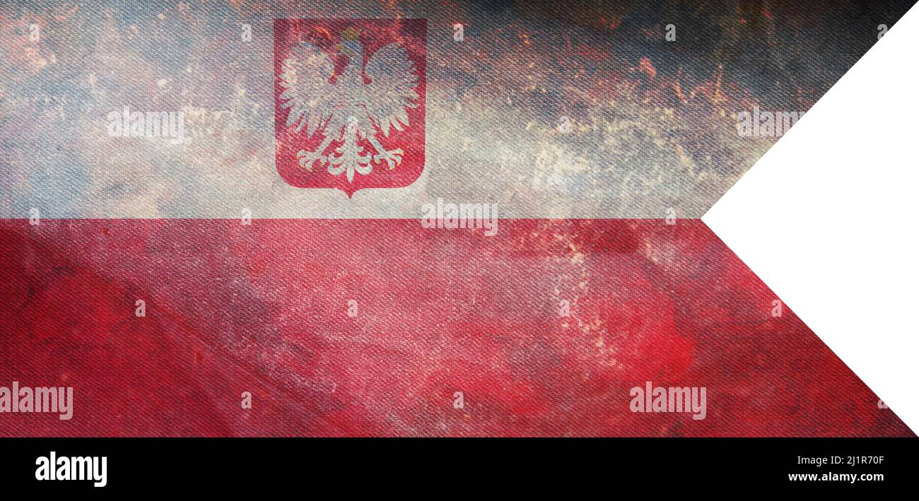 Top view of retro flag Naval Ensign , Poland with grunge texture. Polish travel and patriot ...