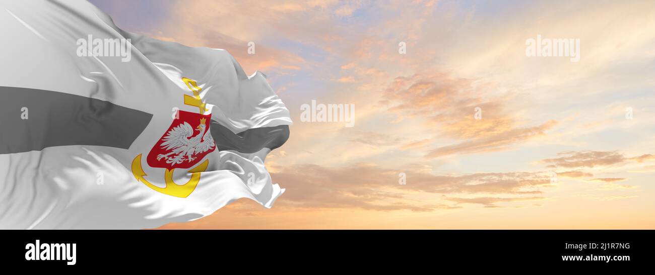 flag of Pilot boat, service grey , Poland at cloudy sky background on ...