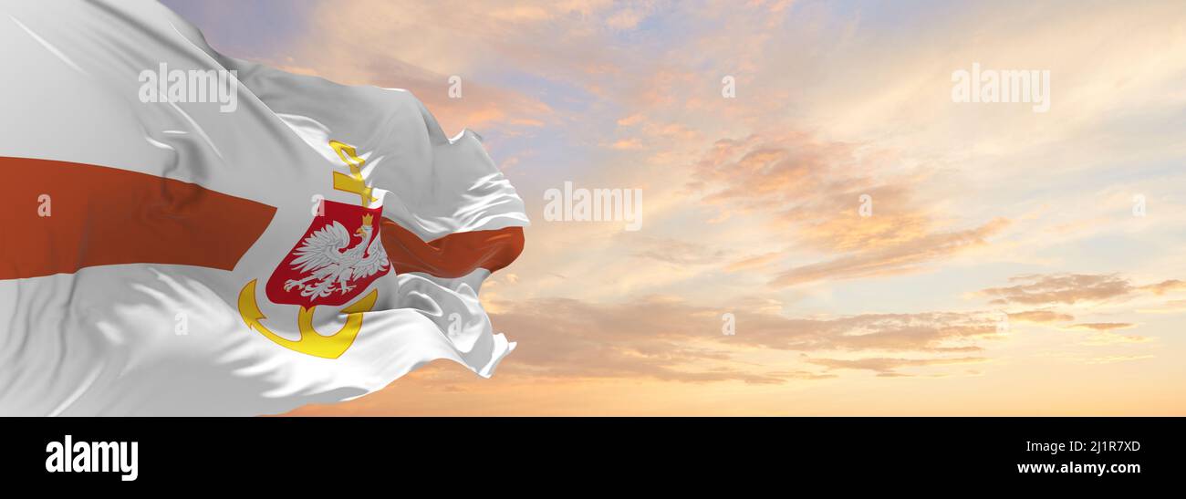 flag of Telecommunication ship, service brown , Poland at cloudy sky ...