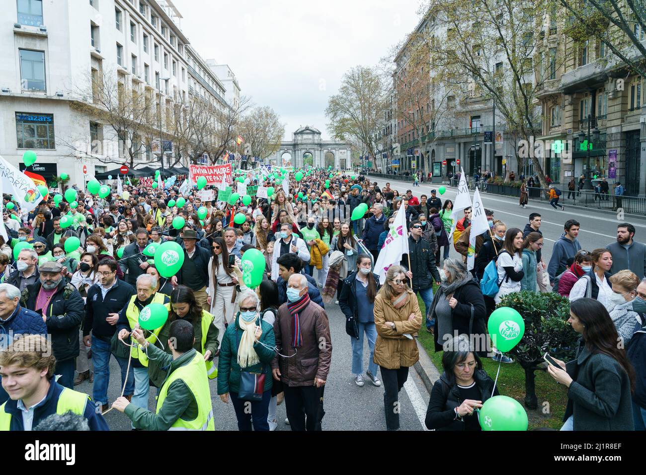 Madrid, Spain. 27th Mar, 2022. Protesters seen holding green balloons ...