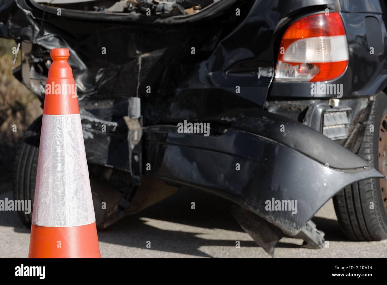 Pylone cone in front of car crash collision accident scene Stock Photo ...