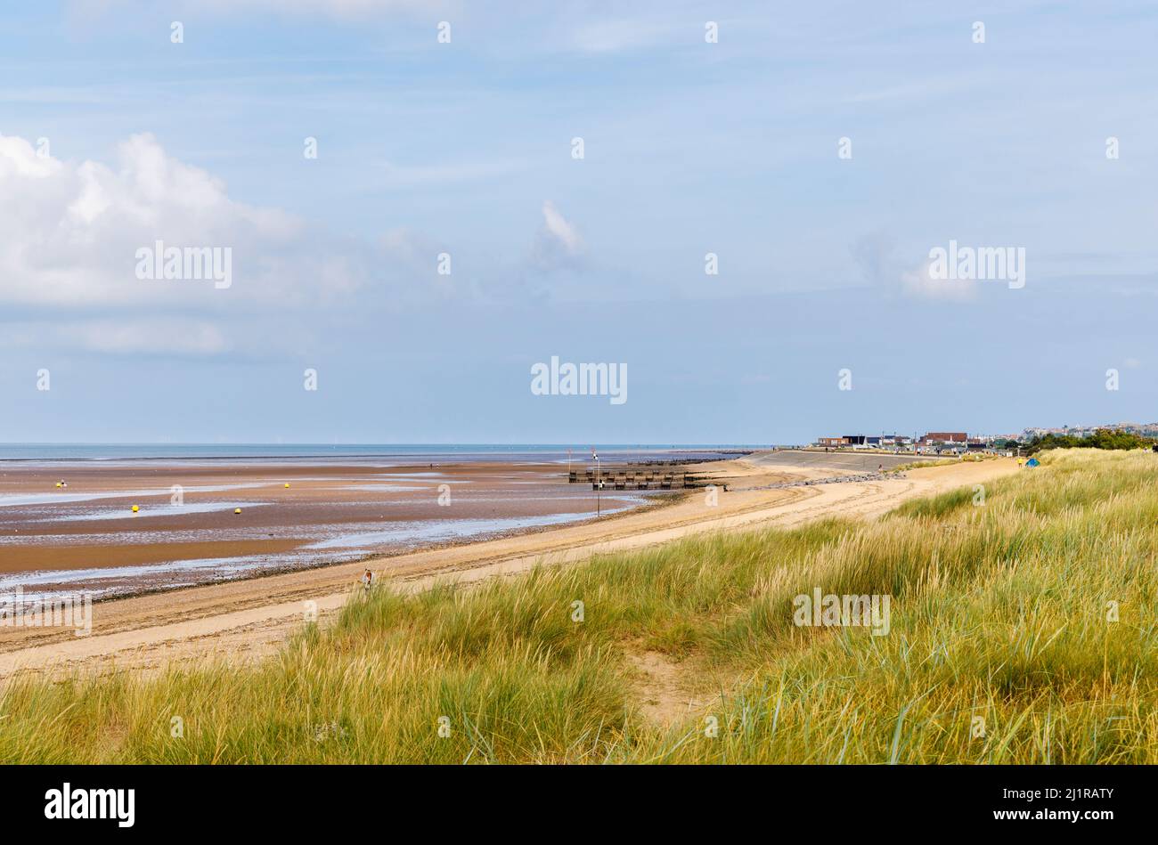 Sand dunes and coast path at Heacham North Beach, a coastal village in ...