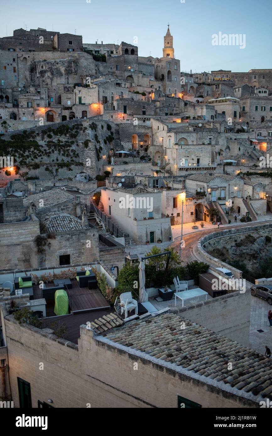 Matera; Italy - September 15; 2019: Evening view of the city of Matera ...
