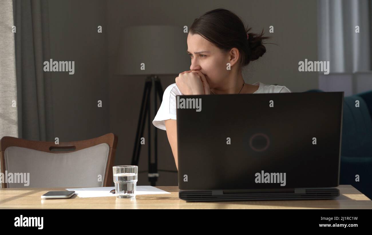 Authentic Stressful Woman working Chatting On Laptop Living Room ...