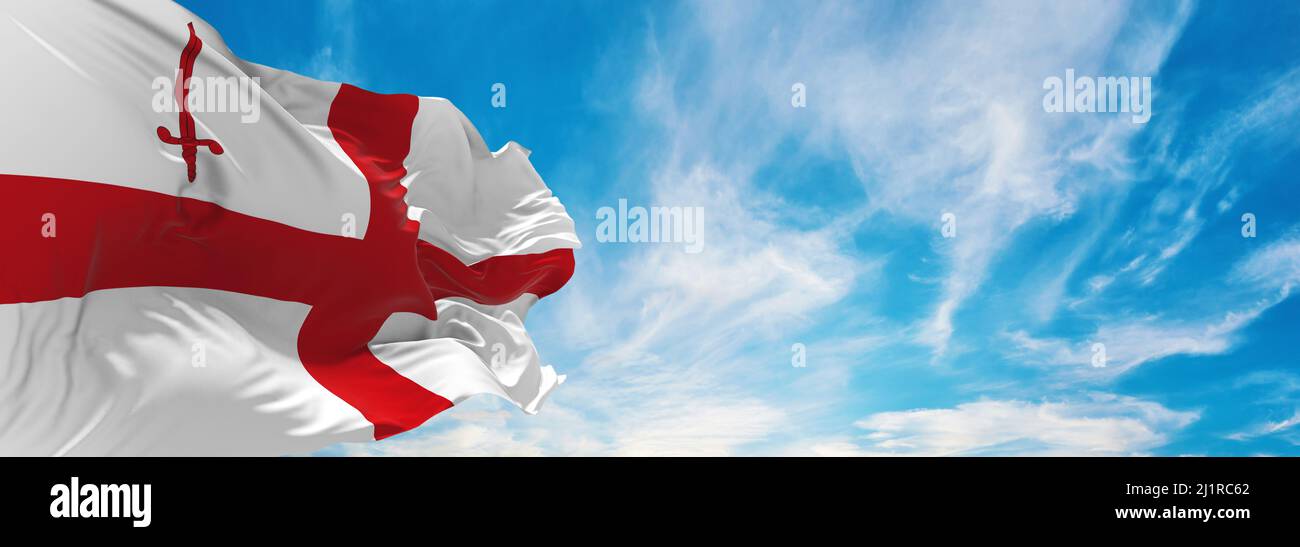 flag of London , UK at cloudy sky background on sunset, panoramic view ...