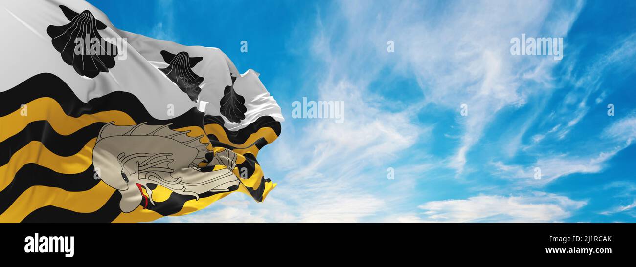 flag of Poole town , UK at cloudy sky background on sunset, panoramic ...