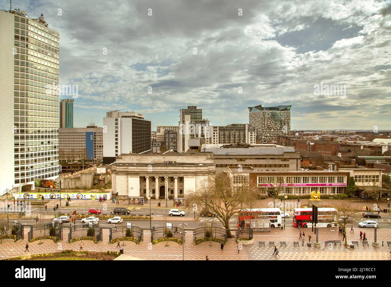 A cityscape view across Broad Street, Birmingham. Showing many ...