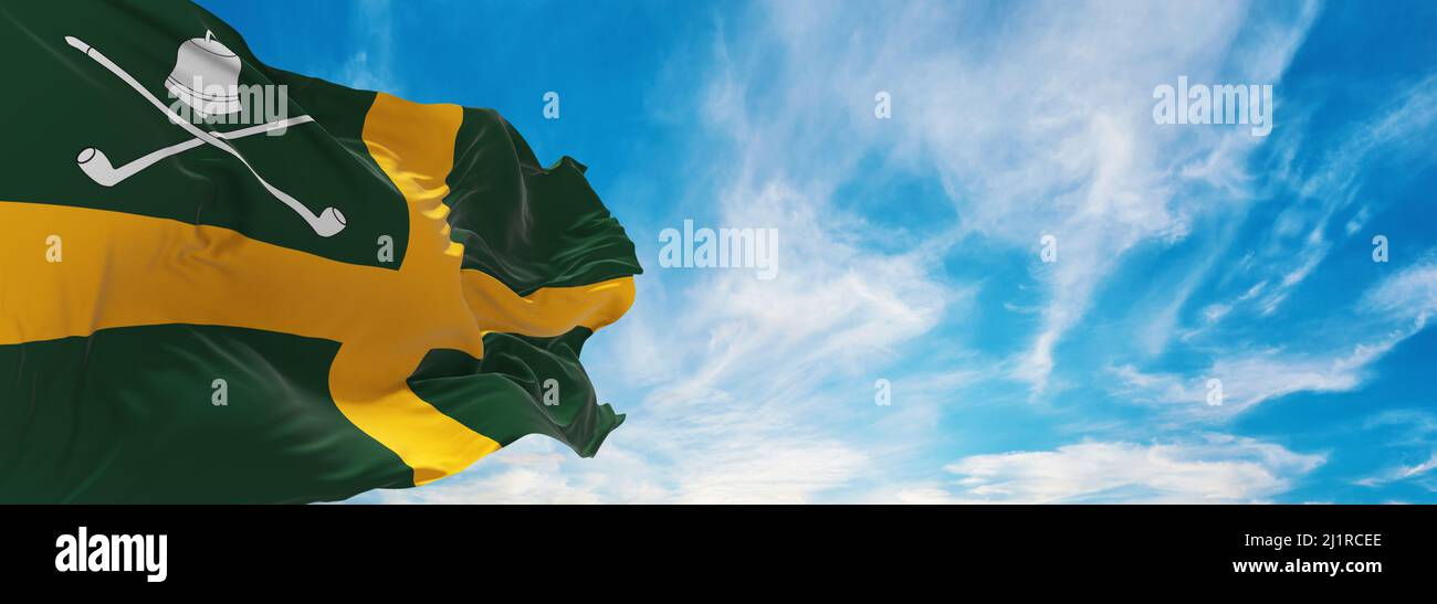 flag of Wreay village , UK at cloudy sky background on sunset ...