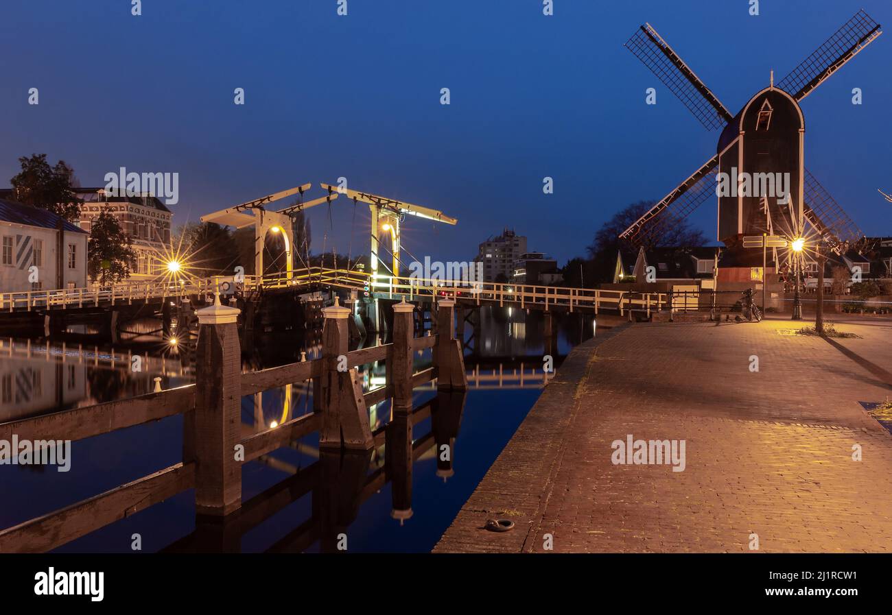 An old traditional Dutch mill at night. Leiden. Netherlands Stock Photo ...