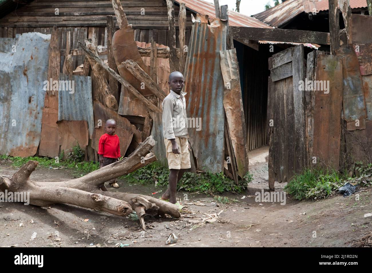 Two brothers by the fence to theior home, Majengo slum, Meru Stock ...