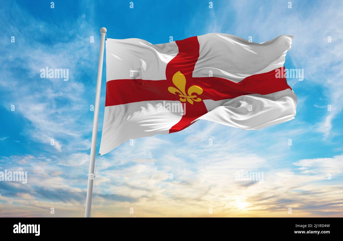 flag of Lincoln , UK at cloudy sky background on sunset, panoramic view ...