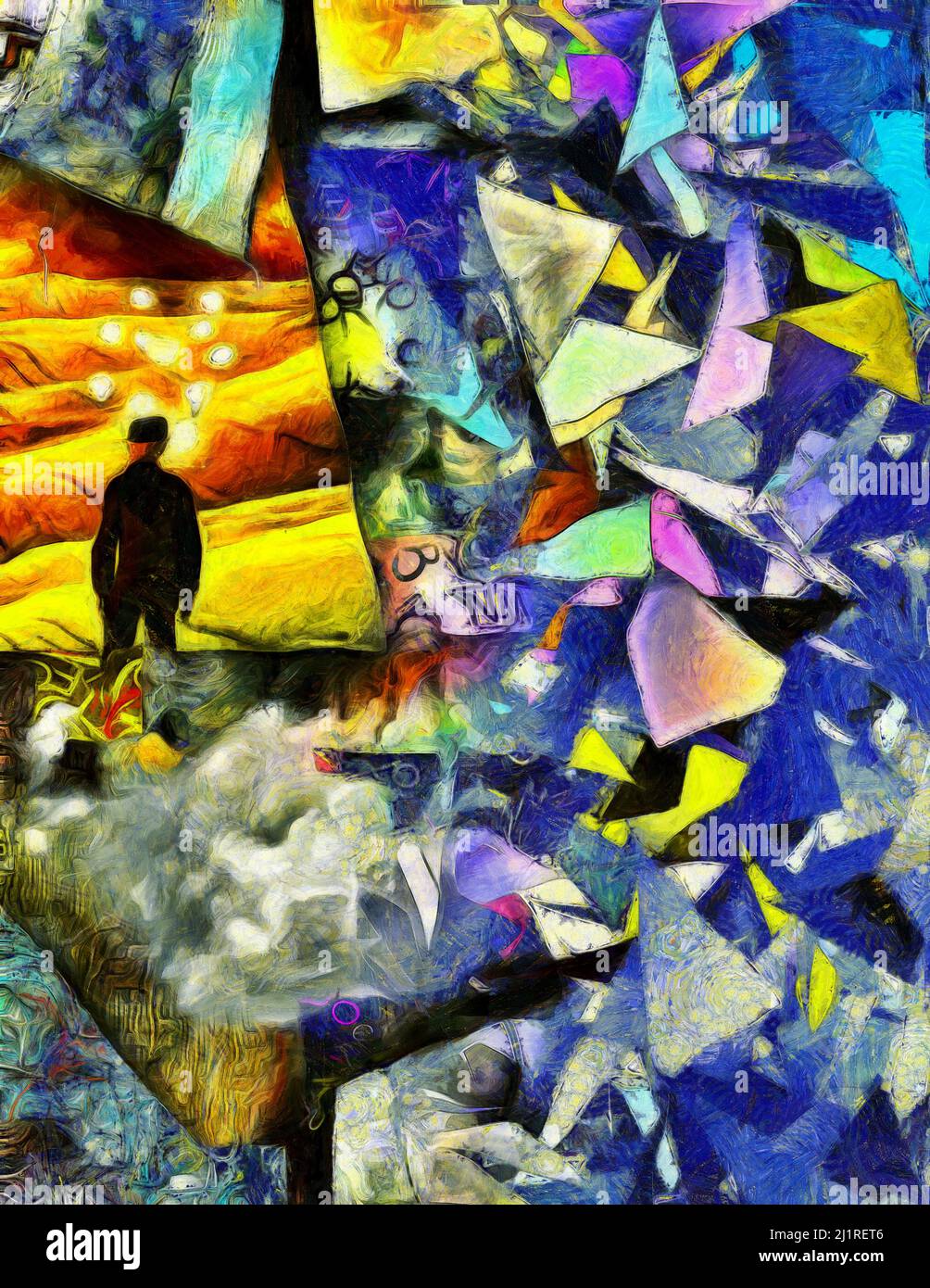 Complex surreal painting. Man in suit stands in the field. Light bulbs ...