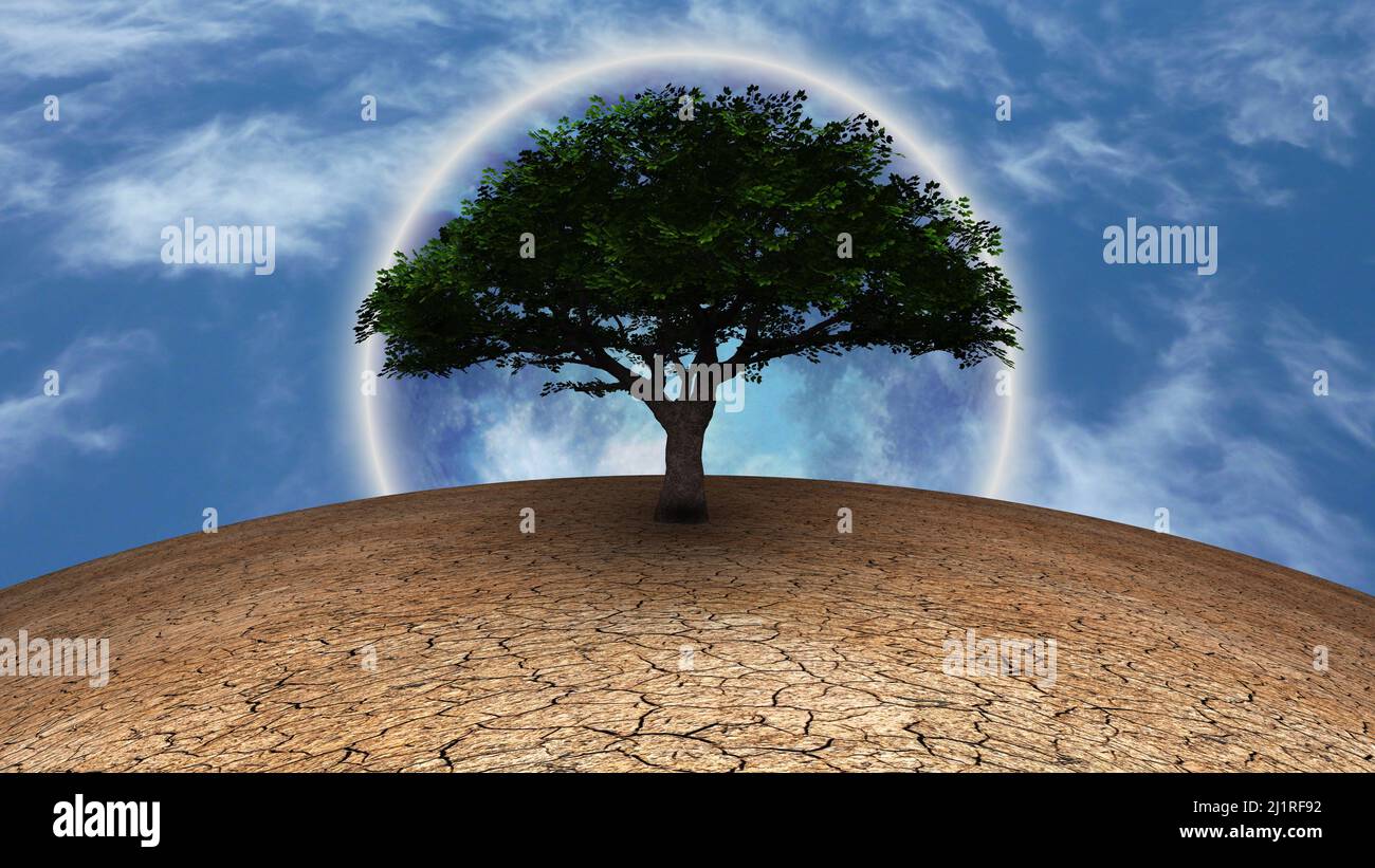 Surrealism. Green tree in arid land. Full moon in blue sky. 3D ...