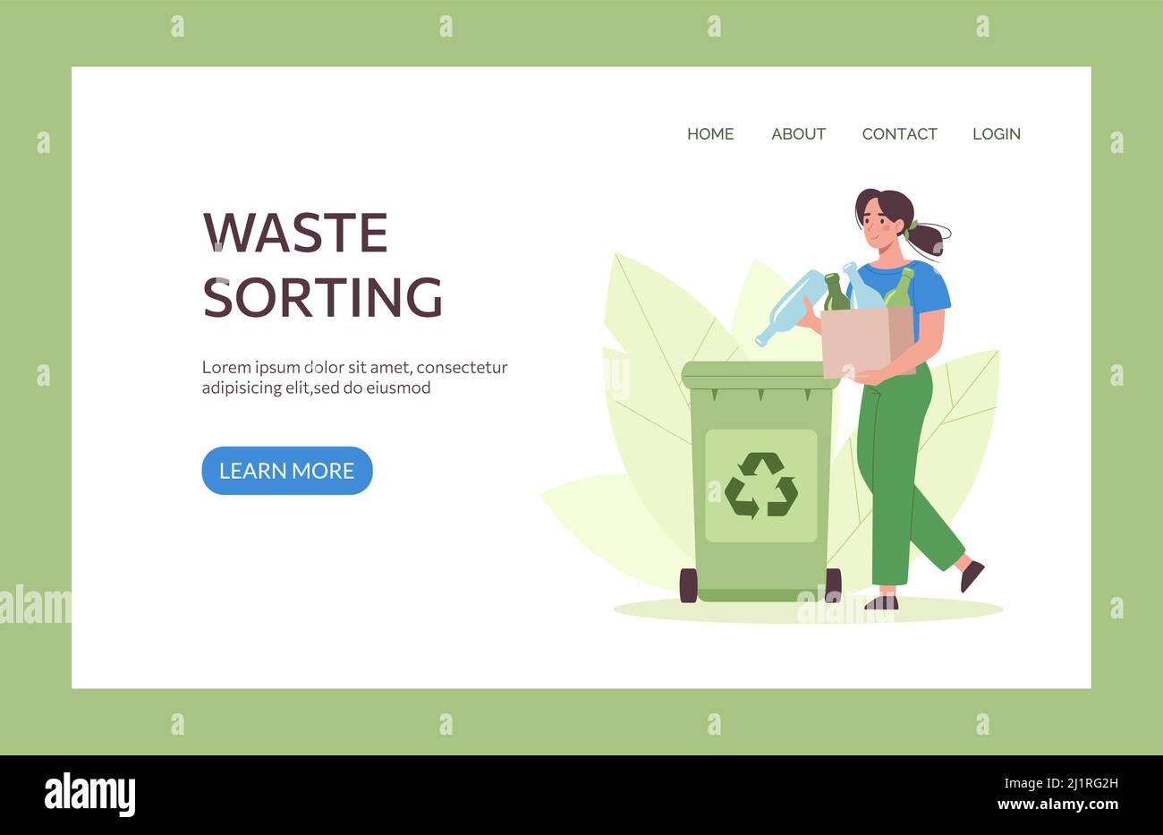 Waste sorting landing page. The girl throws glass containers into a ...