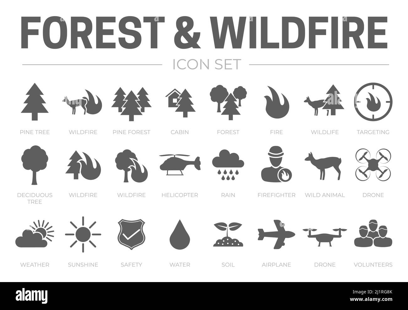 Forest & Wildfire Icon Set with Fire, Pine, Cabin, Wildlife, Helicopter ...