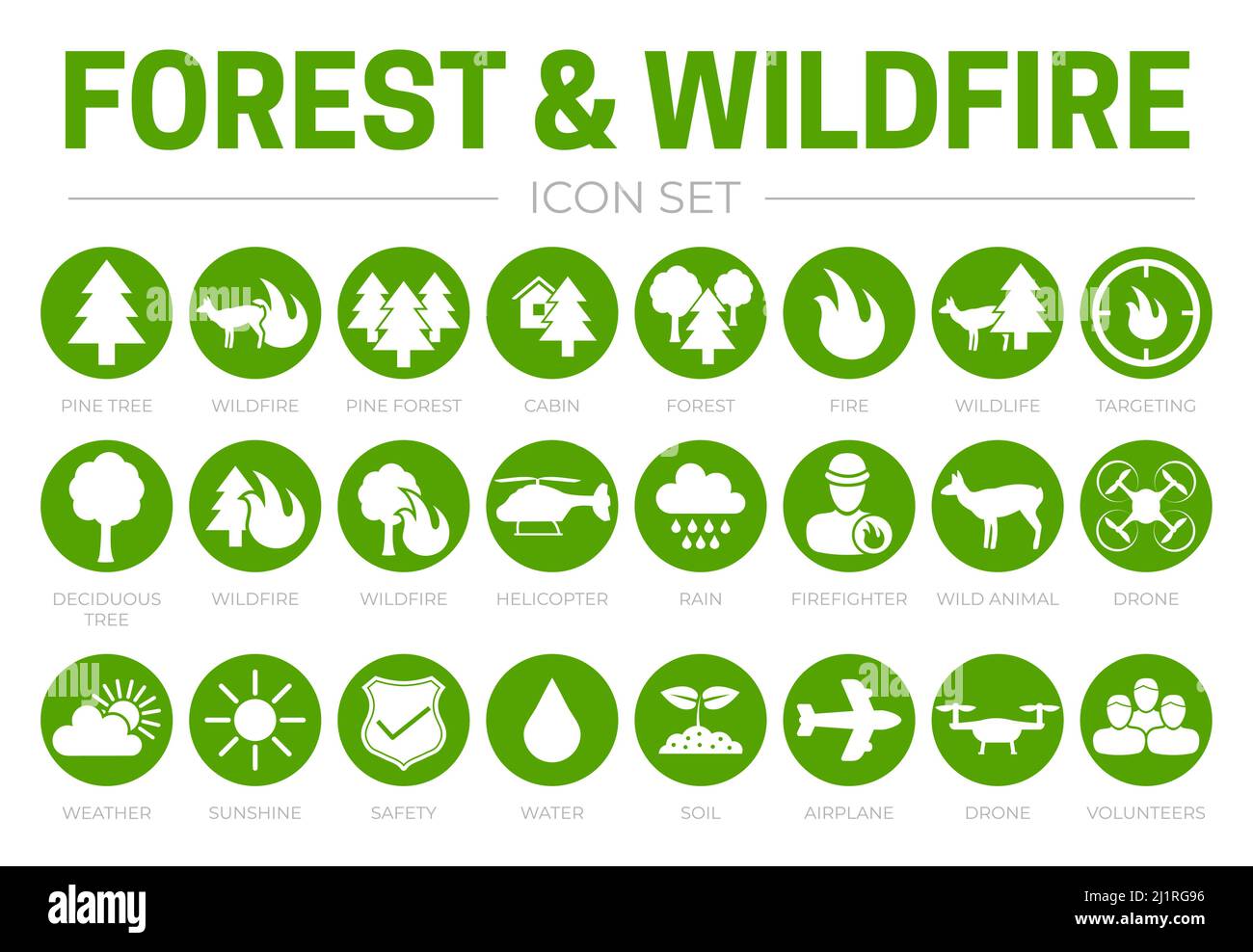 Forest & Wildfire Icon Set with Fire, Pine, Cabin, Wildlife, Helicopter ...