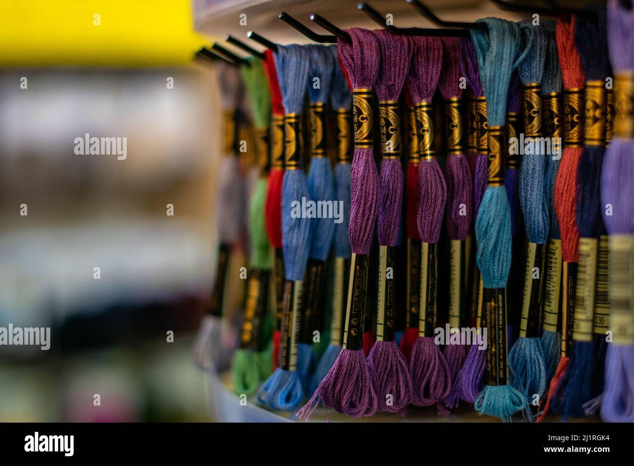 Thame,UK-Sept 2021: Various colors moulin threads hanging on store ...