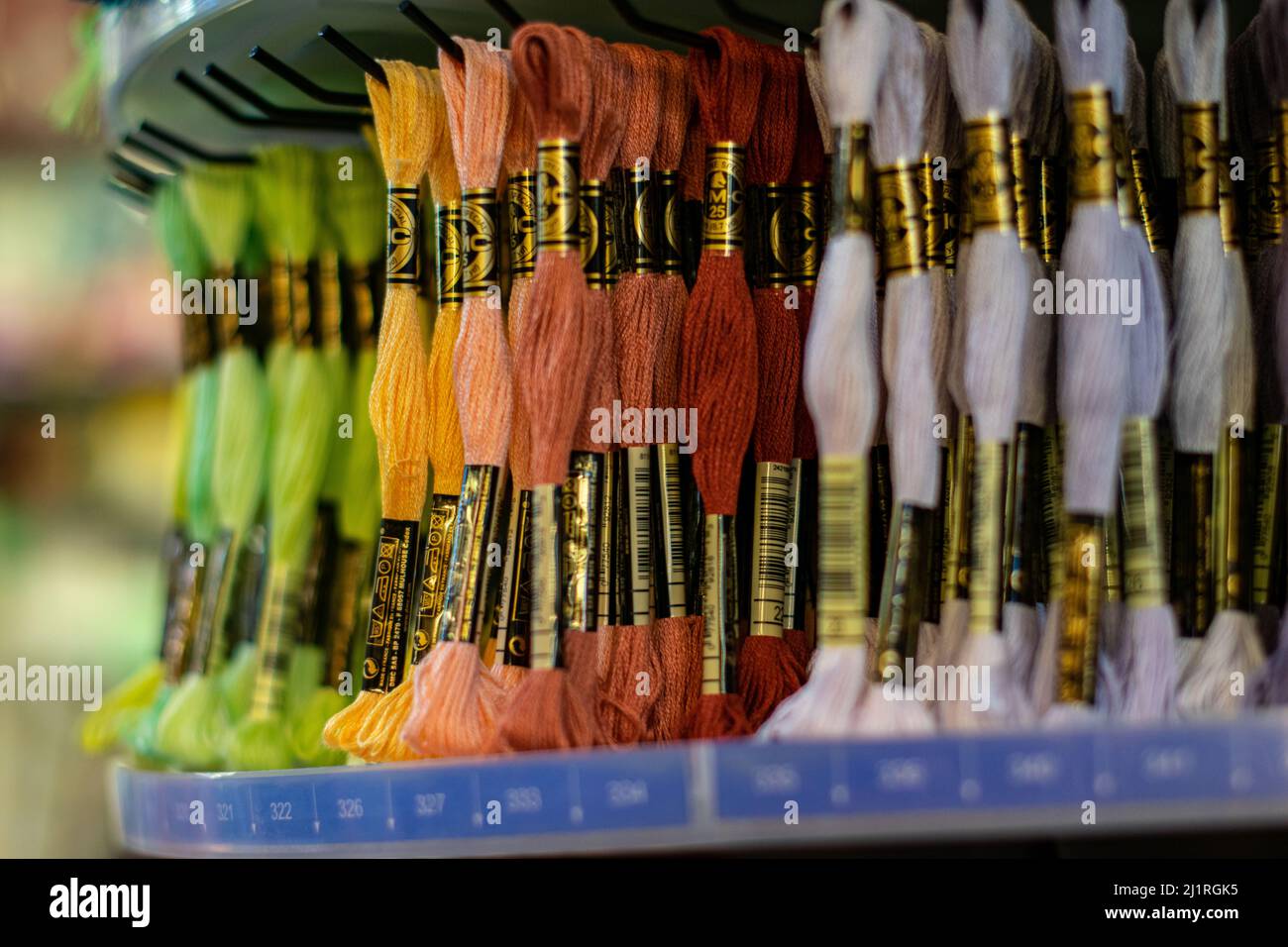 Thame,UK-Sept 2021: Various colors moulin threads hanging on store ...